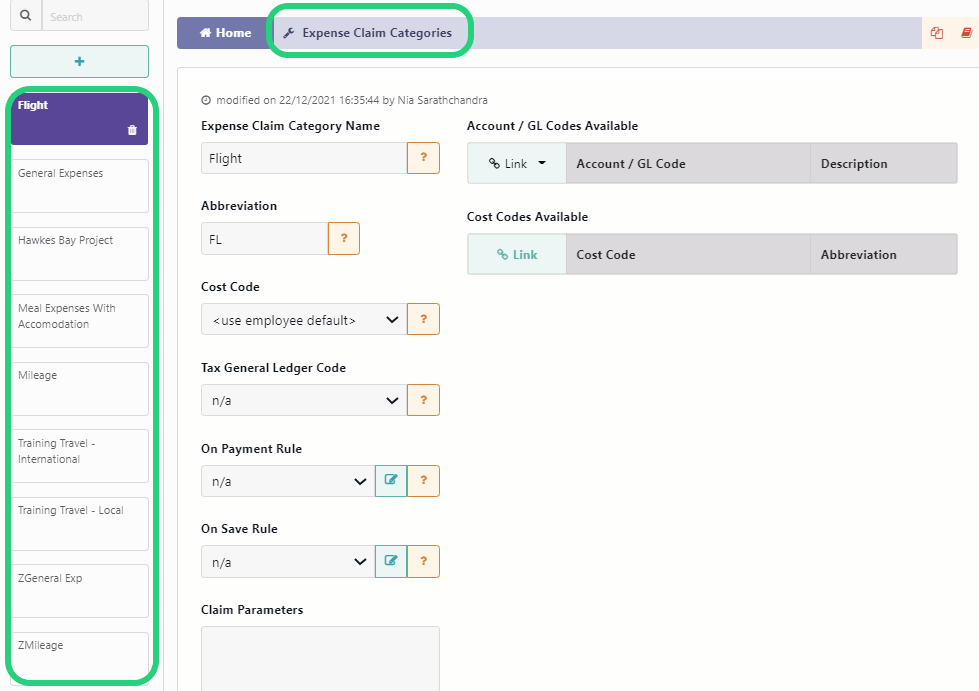Expense Claim Categories