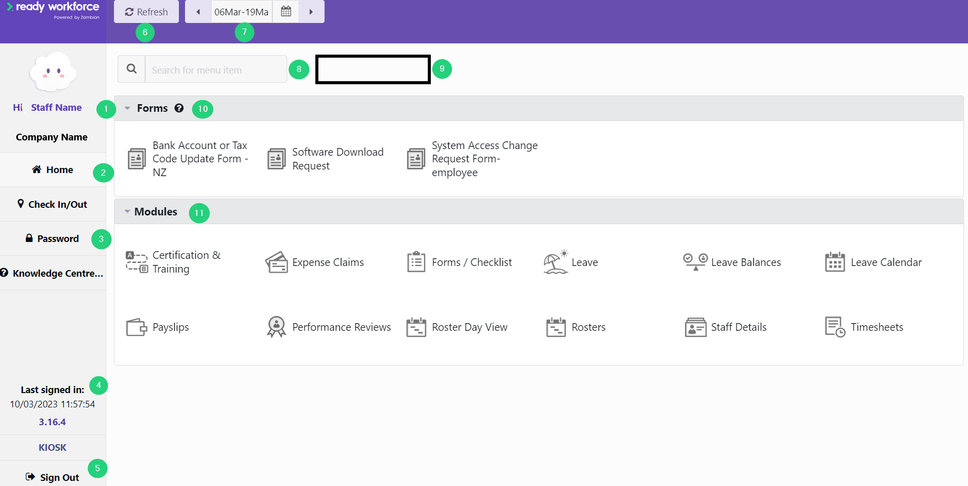 Employee Kiosk Homepage