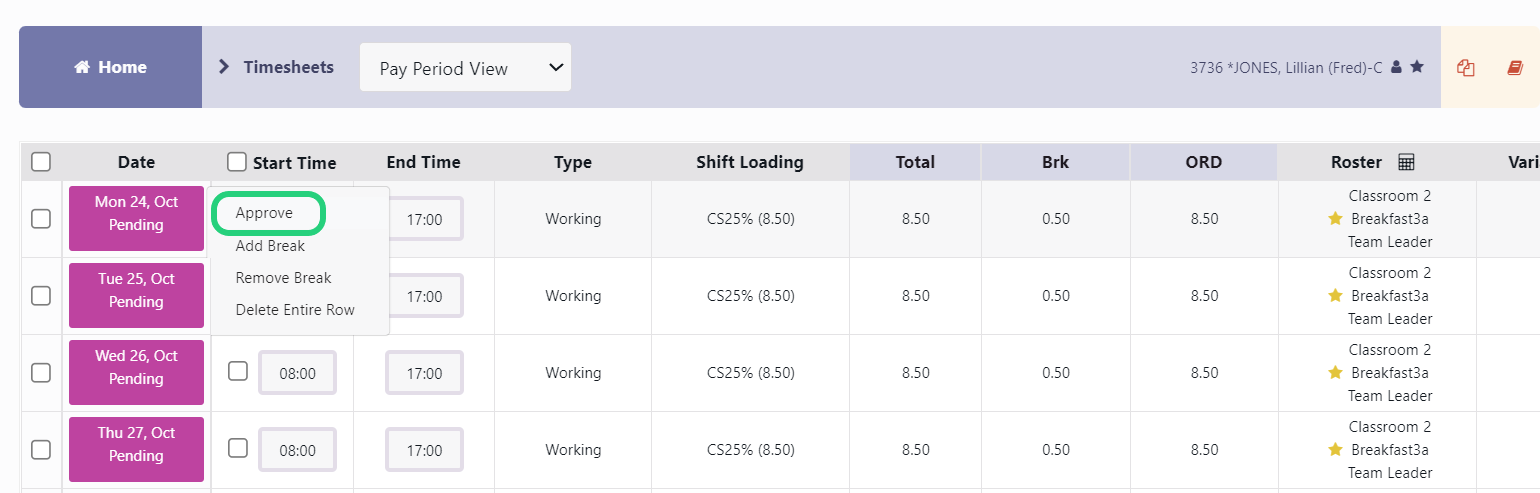 Approving a Timesheet