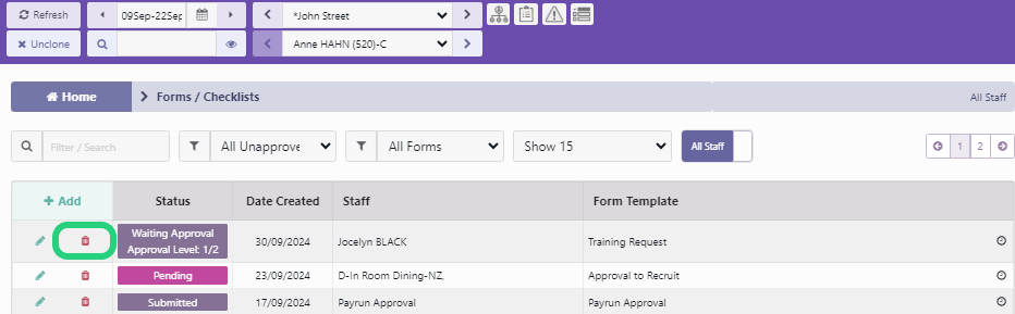 Delete a Form from the Form/Checklist Table
